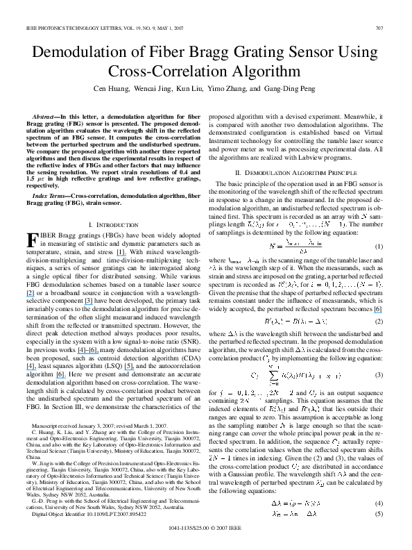(PDF) Demodulation of Fiber Bragg Grating Sensor Using Cross-Correlation Algorithm