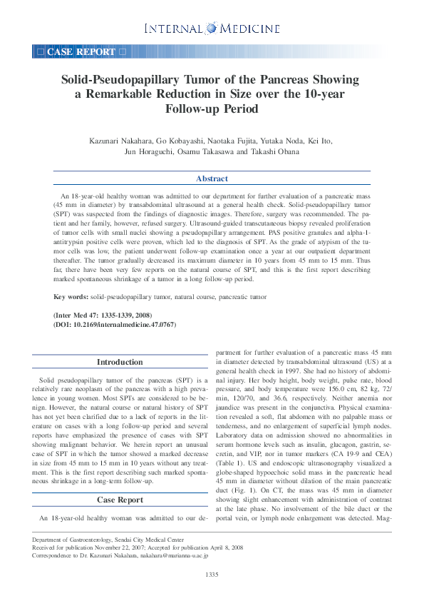 (PDF) Solid-Pseudopapillary Tumor of the Pancreas Showing a Remarkable Reduction in Size over ...