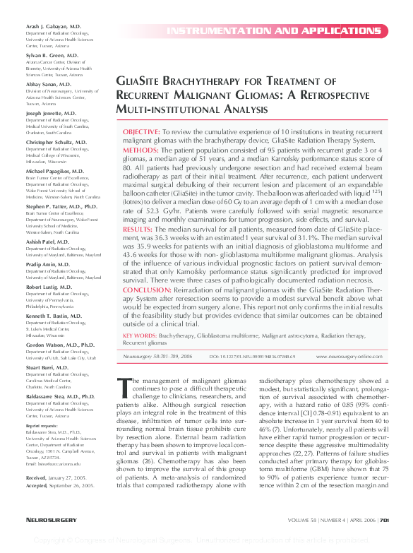 (PDF) GliaSite Brachytherapy for Treatment of Recurrent Malignant ...