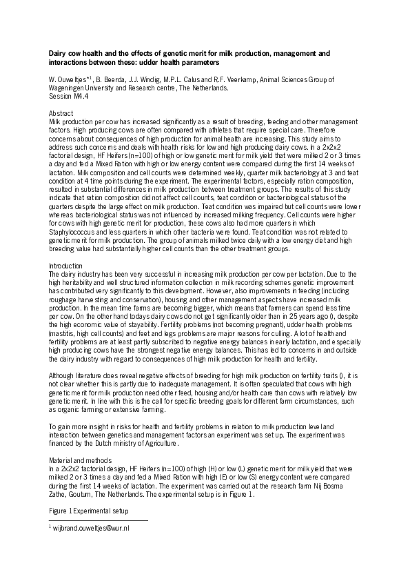 Pdf Dairy Cow Health And The Effects Of Genetic Merit For Milk