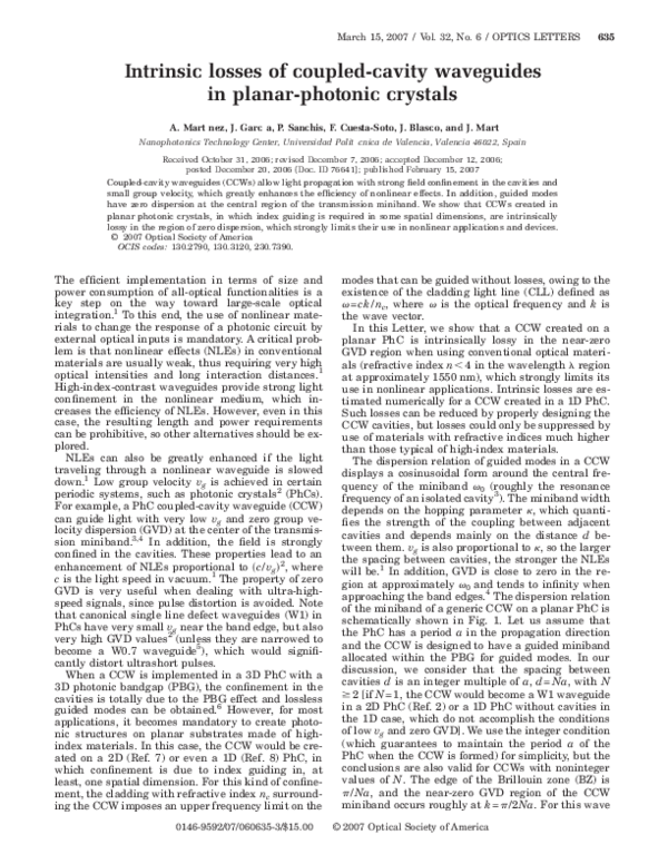 (PDF) Intrinsic losses of coupled-cavity waveguides in planar-photonic crystals