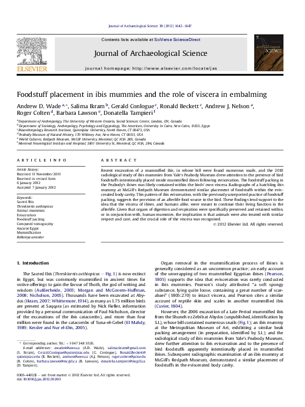 (PDF) Foodstuff placement in ibis mummies and the role of viscera in ...