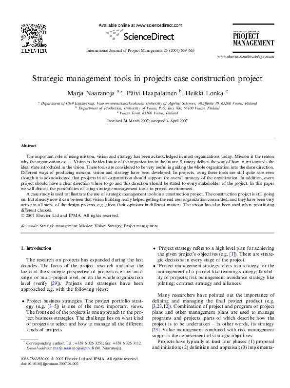 (PDF) Strategic management tools in projects case construction project