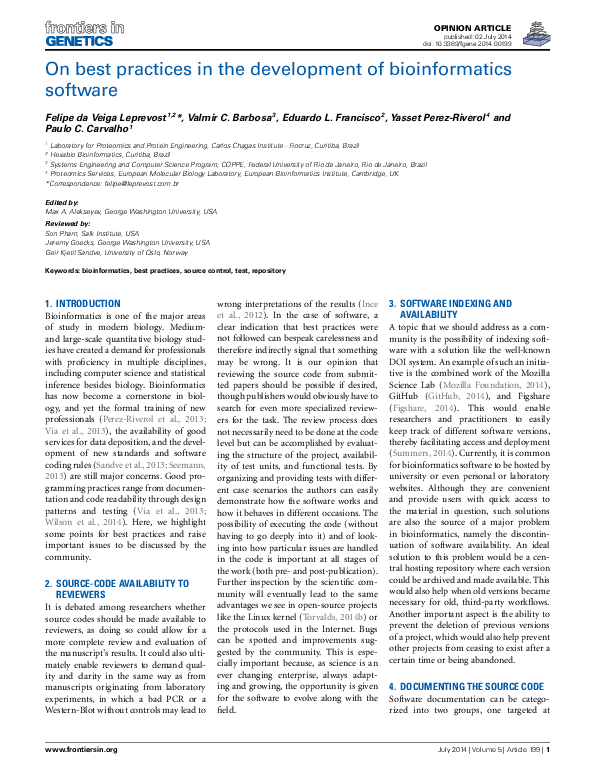 (PDF) On best practices in the development of bioinformatics software
