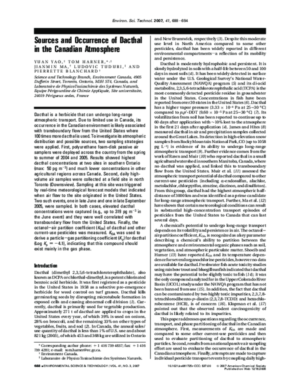(PDF) Sources and Occurrence of Dacthal in the Canadian Atmosphere