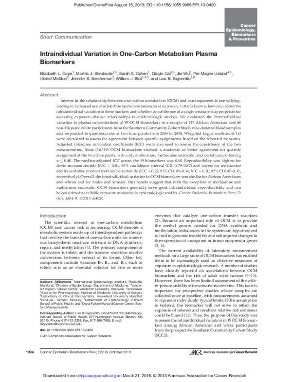 (PDF) Intraindividual Variation in One-Carbon Metabolism Plasma Biomarkers
