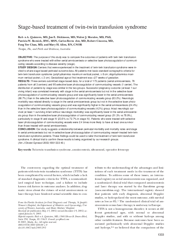 (PDF) Re: Stage-based treatment of twin-twin transfusion syndrome ...