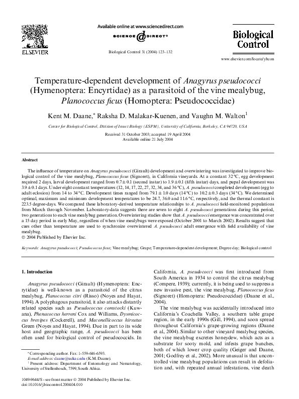 (PDF) Temperature-dependent development of Anagyrus pseudococci ...