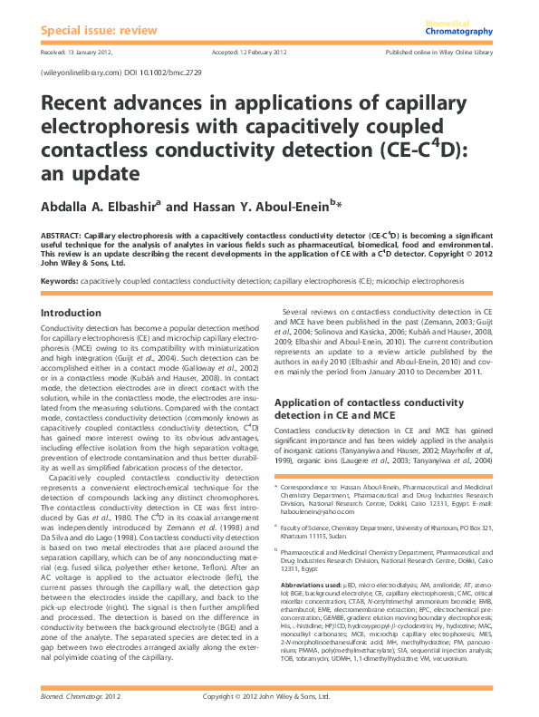 Pdf Recent Advances In Applications Of Capillary Electrophoresis With Capacitively Coupled