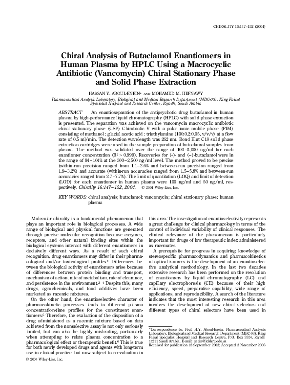 (PDF) Chiral analysis of butaclamol enantiomers in human plasma by HPLC ...