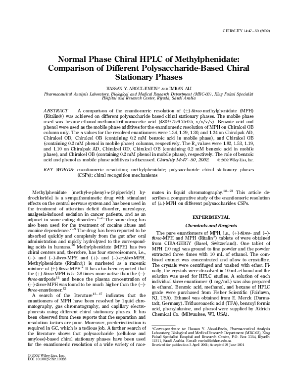 (PDF) Normal phase chiral HPLC of methylphenidate: Comparison of ...