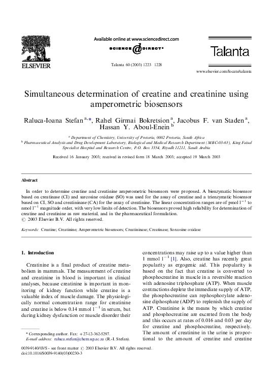 Pdf Simultaneous Determination Of Creatine And Creatinine Using Amperometric Biosensors