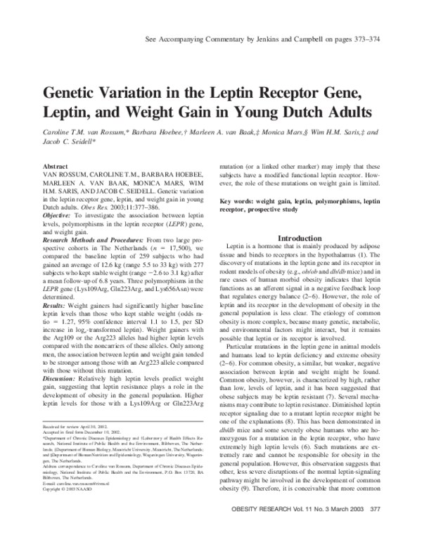 Pdf Genetic Variation In The Leptin Receptor Gene Leptin And Weight