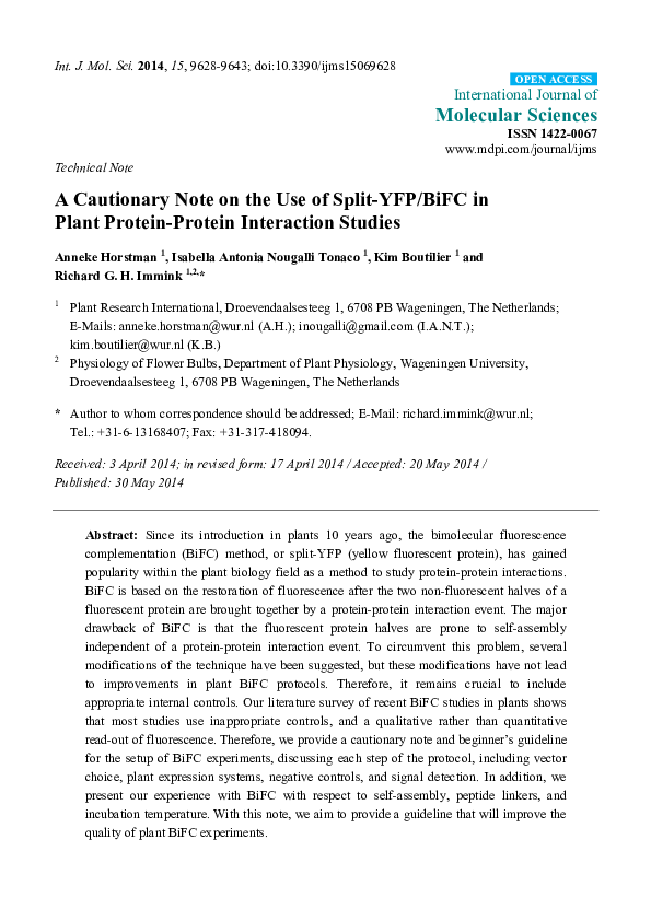 (PDF) A Cautionary Note on the Use of Split-YFP/BiFC in Plant Protein ...