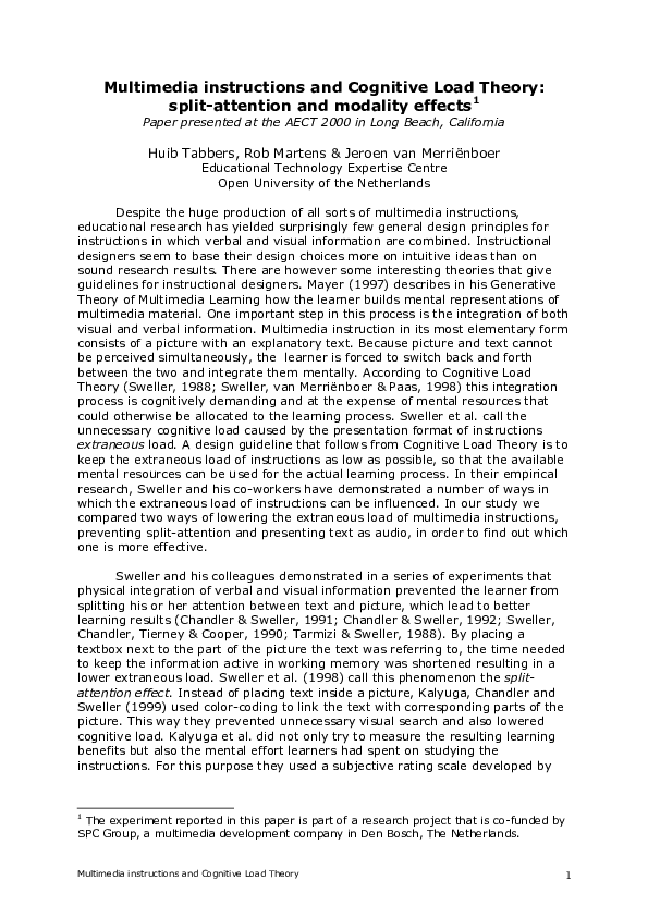 Pdf Multimedia Instructions And Cognitive Load Theory Split