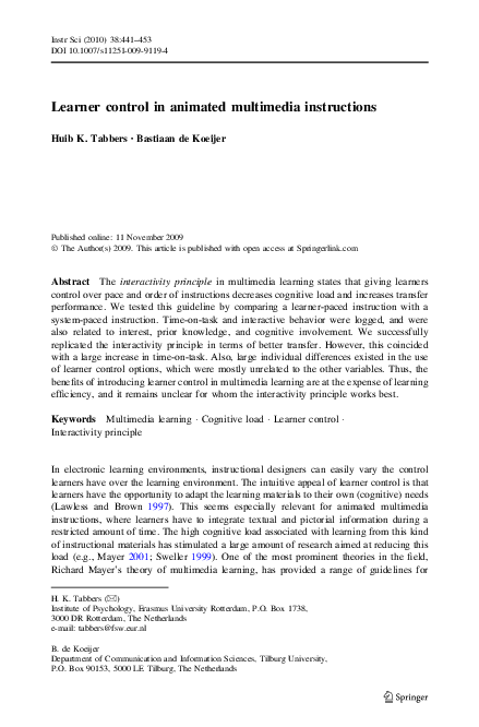 (PDF) Learner control in animated multimedia instructions