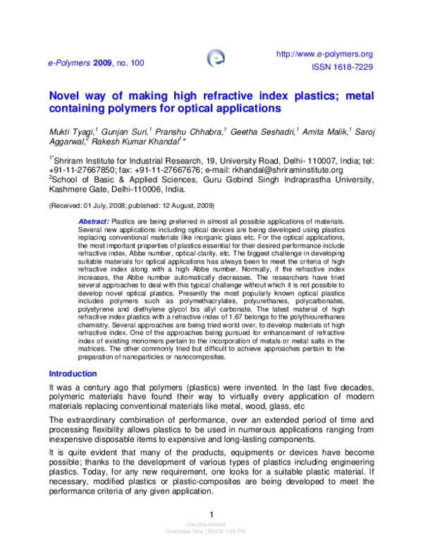 (PDF) Novel way of making high refractive index plastics; metal ...