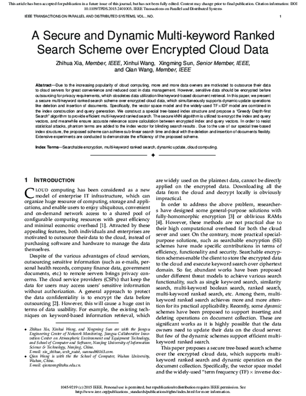Pdf A Secure And Dynamic Multi Keyword Ranked Search Scheme Over Encrypted Cloud Data