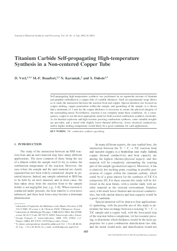 (PDF) Titanium Carbide Self-Propagating High-Temperature Synthesis in a ...