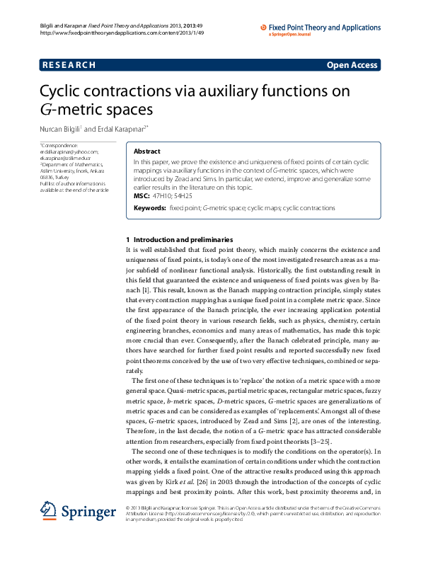 Pdf Cyclic Contractions Via Auxiliary Functions On G Metric Spaces Erdal Karapinar
