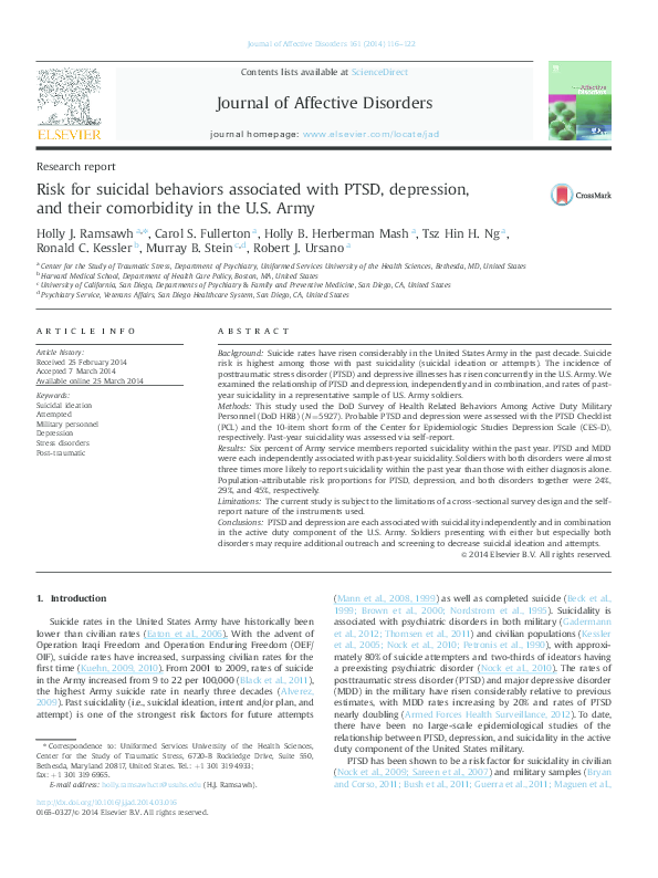 (PDF) Risk for suicidal behaviors associated with PTSD, depression, and ...