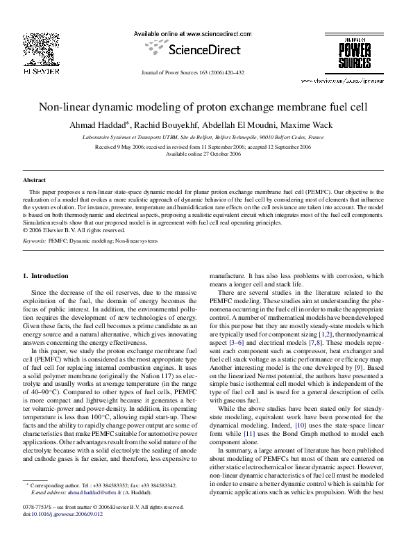(PDF) Non-linear dynamic modeling of proton exchange membrane fuel cell