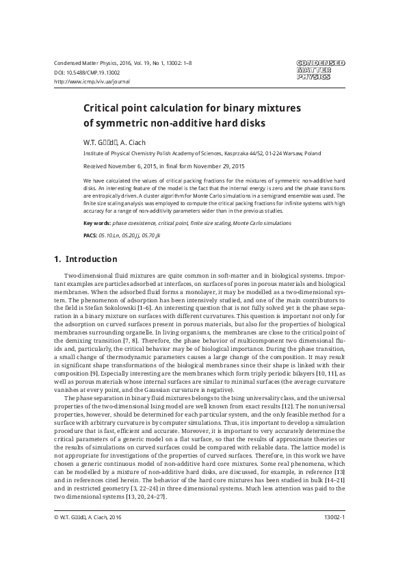 Pdf Critical Point Calculation For Binary Mixtures Of Symmetric Non Additive Hard Disks