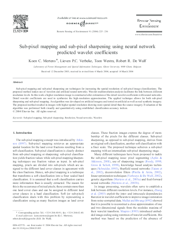 Pdf Sub Pixel Mapping And Sub Pixel Sharpening Using Neural Network Predicted Wavelet Coefficients