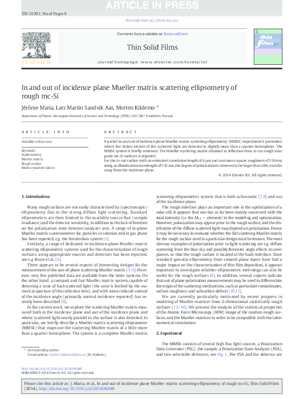 (PDF) In and out of incidence plane Mueller matrix scattering ...
