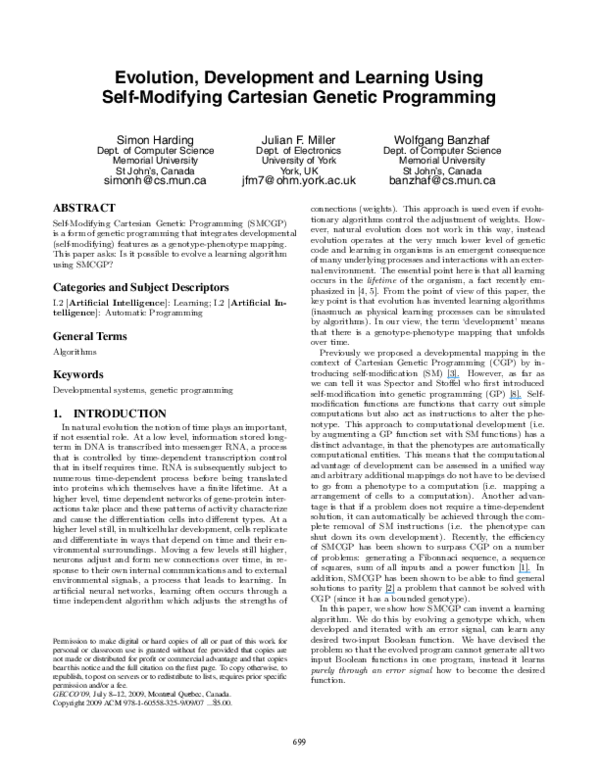 Pdf Evolution Development And Learning Using Self Modifying Cartesian Genetic Programming