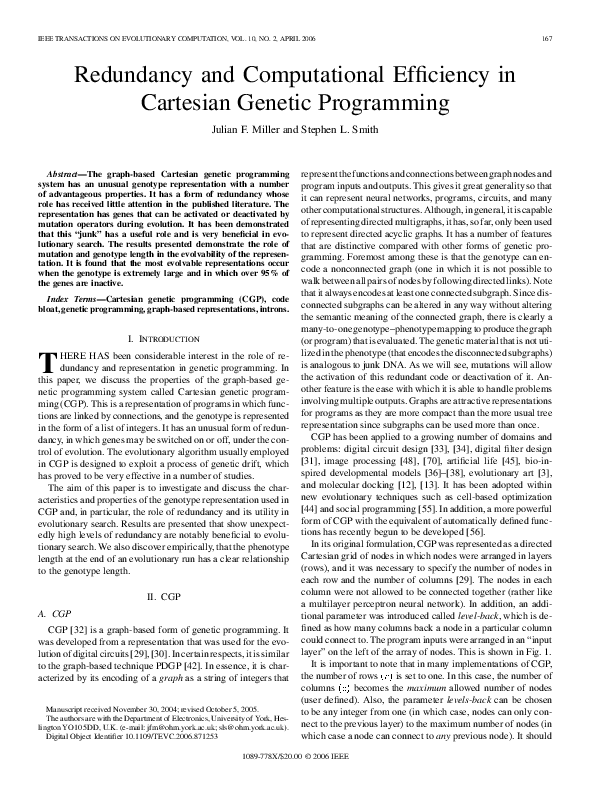 Pdf Redundancy And Computational Efficiency In Cartesian Genetic Programming