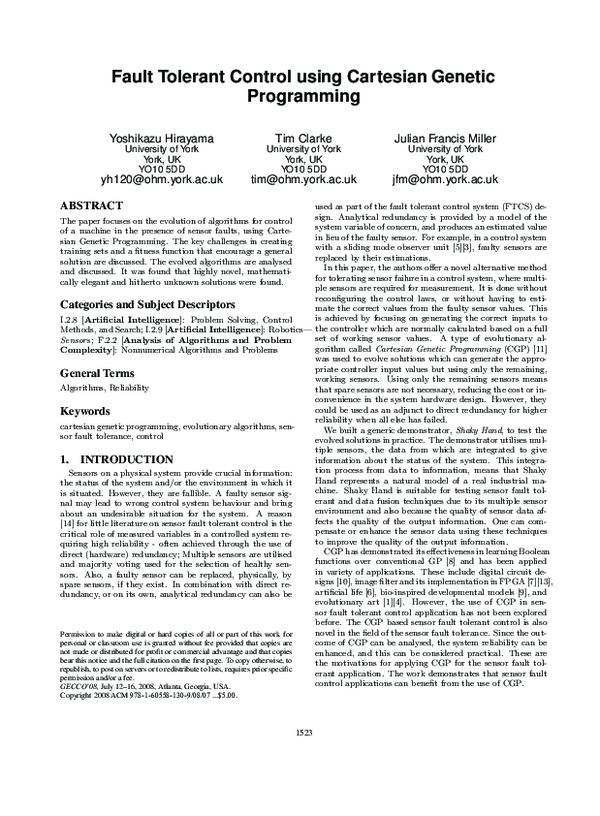 Pdf Fault Tolerant Control Using Cartesian Genetic Programming Julian Miller