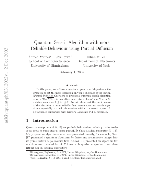 (PDF) Quantum Search Algorithm with more Reliable Behaviour using Partial Diffusion