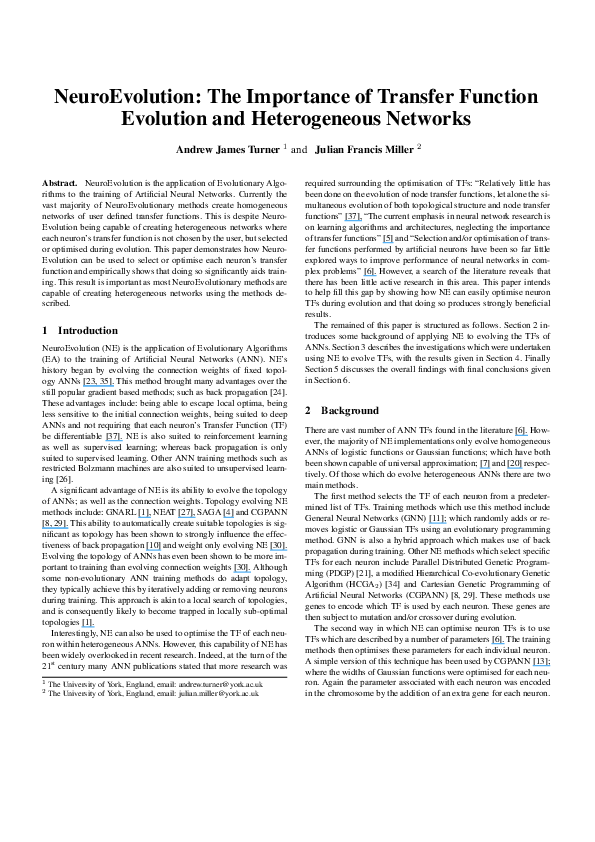 Pdf Neuroevolution The Importance Of Transfer Function Evolution And Heterogeneous Networks