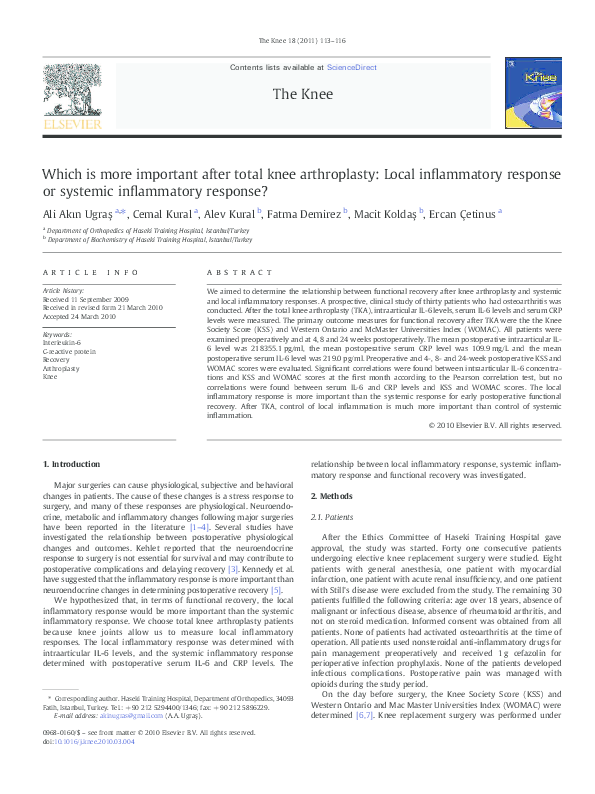 (PDF) Local vs. Systemic Inflammation in Knee Arthroplasty Recovery