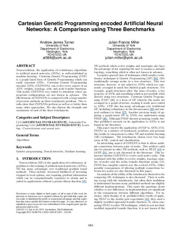 Pdf Cartesian Genetic Programming Encoded Artificial Neural Networks Julian Miller