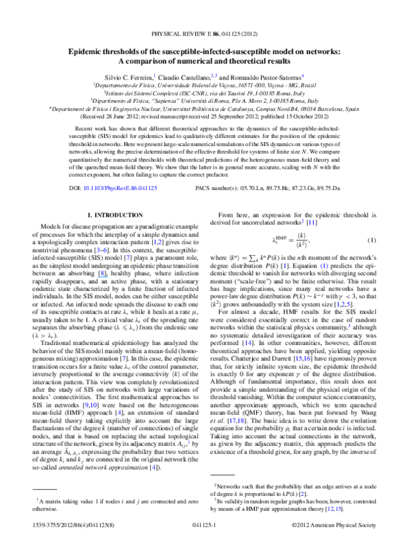 (PDF) Epidemic thresholds of the susceptible-infected-susceptible model on networks: A ...