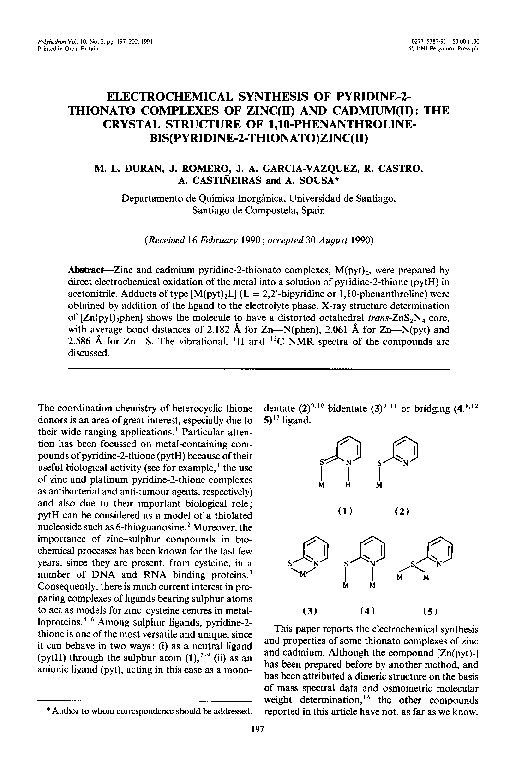 (PDF) Electrochemical synthesis of pyridine-2-thionato complexes of zinc(II) and cadmium(II ...