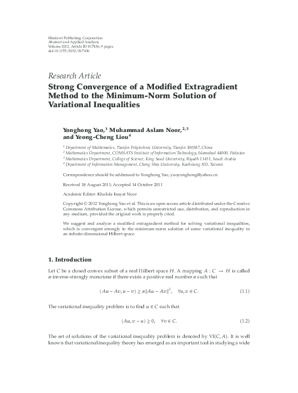 Pdf Strong Convergence Of A Modified Extragradient Method To The Minimum Norm Solution Of