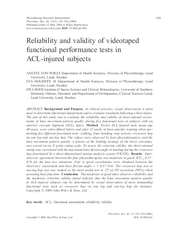 (PDF) Reliability and validity of videotaped functional performance ...