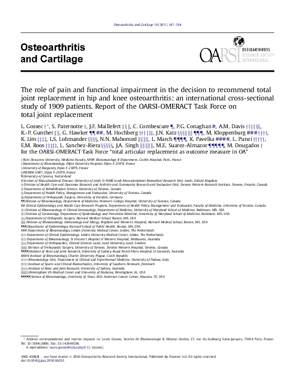 (PDF) The role of pain and functional impairment in the decision to recommend total joint ...