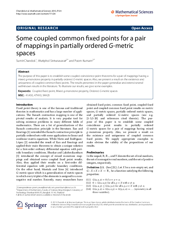 Pdf Some Coupled Common Fixed Points For A Pair Of Mappings In Partially Ordered G Metric Spaces