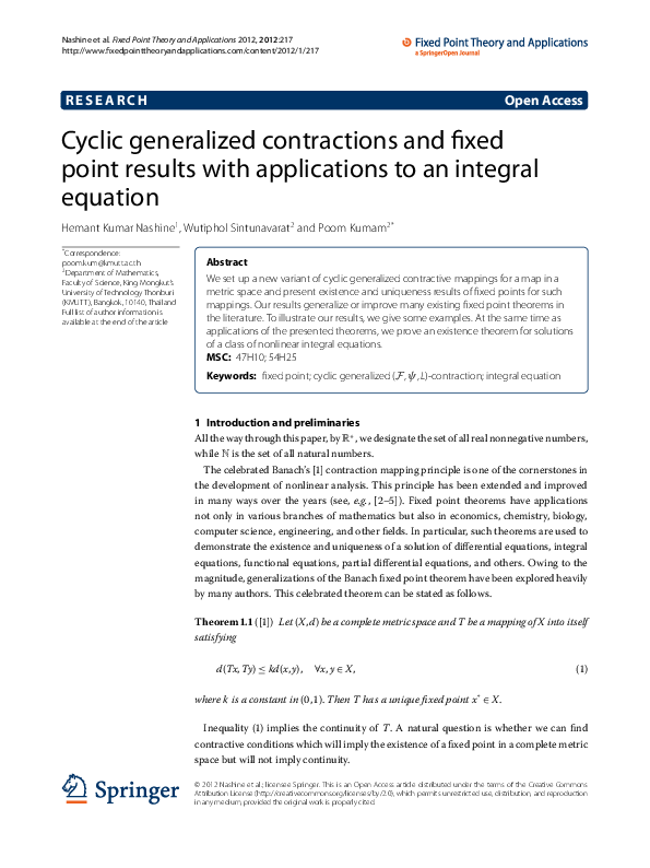 (PDF) Cyclic generalized contractions and fixed point results with applications to an integral ...