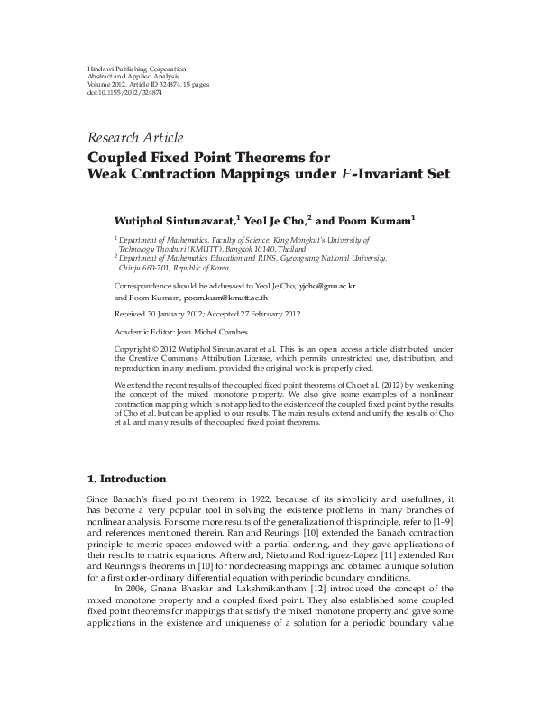 Pdf Coupled Fixed Point Theorems For Weak Contraction Mappings Under