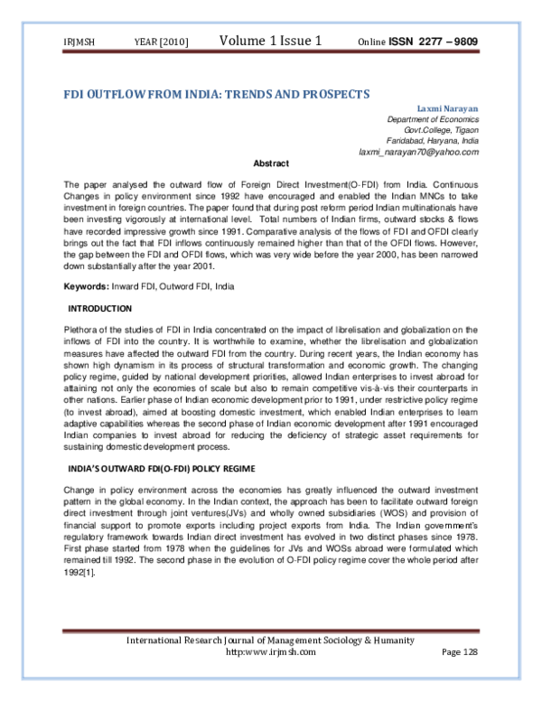 (PDF) FDI OUTFLOW FROM INDIA: TRENDS AND PROSPECTS