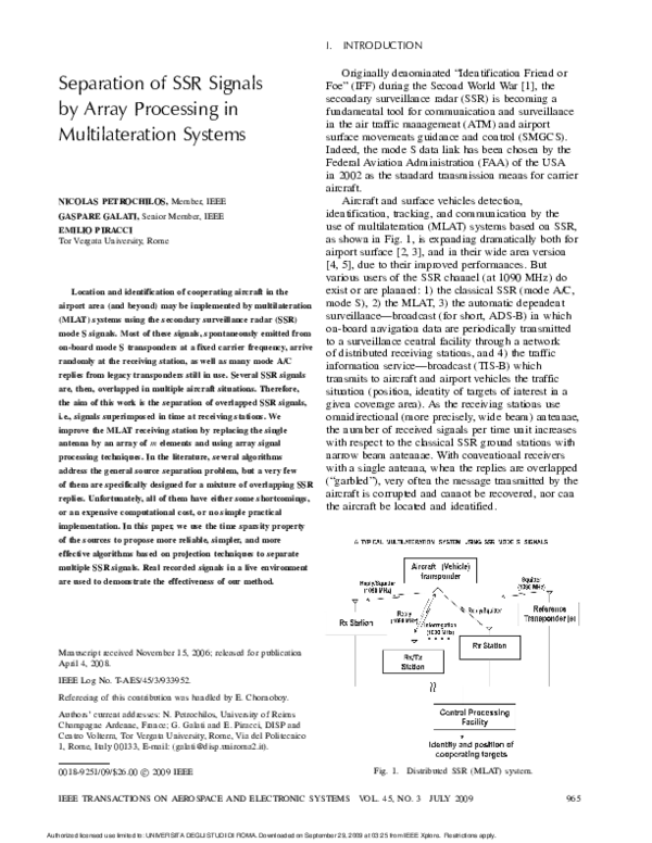 (PDF) Separation of SSR Signals by Array Processing in Multilateration Systems