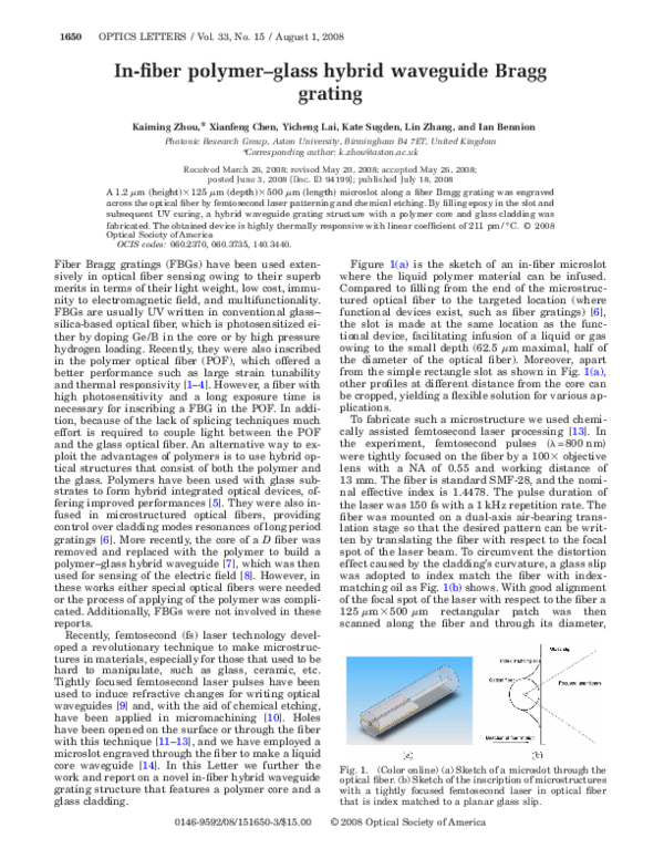 (PDF) In-fiber polymer-glass hybrid waveguide Bragg grating
