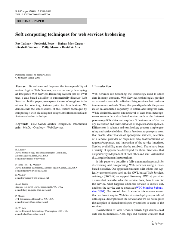 (PDF) Soft computing techniques for web services brokering
