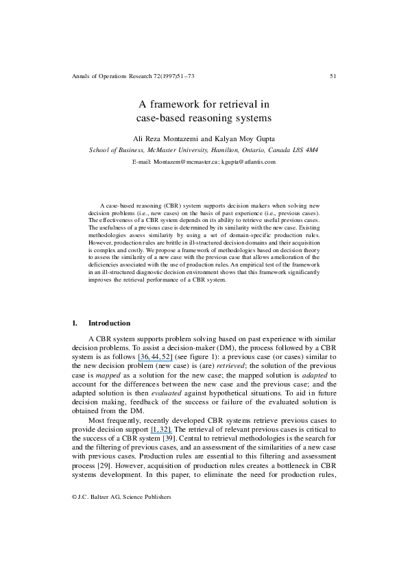 Pdf A Framework For Retrieval In Case Based Reasoning Systems