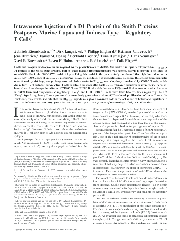 (PDF) Intravenous Injection of a D1 Protein of the Smith Proteins ...